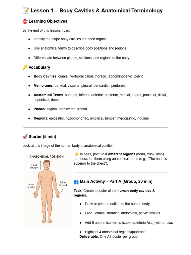 Lesson 1 - Body Cavities & Anatomical Terminology | PDF | Anatomical ...
