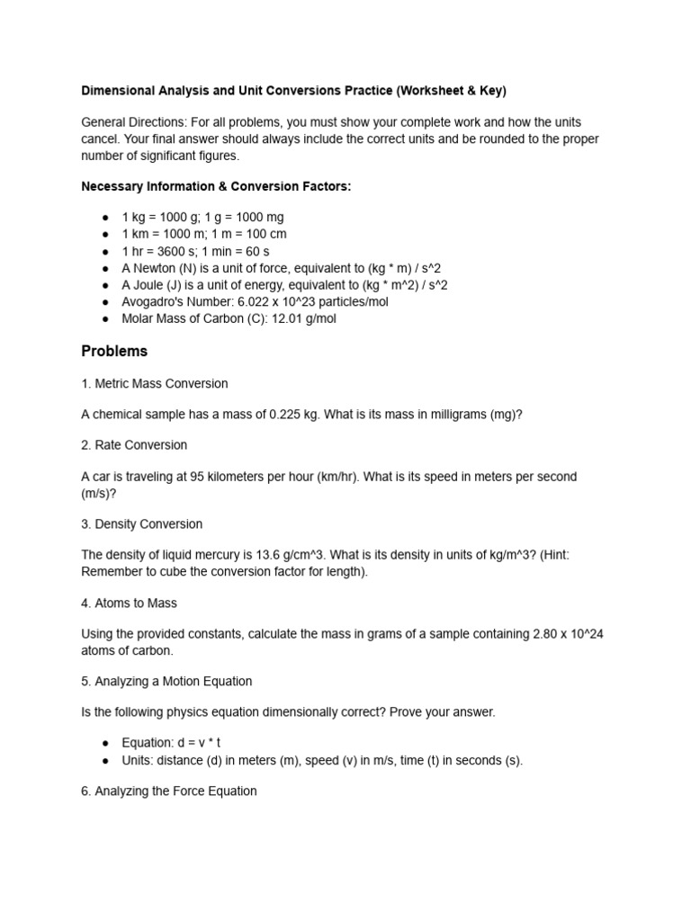 Dimensional Analysis and Unit Conversions Practice (Worksheet & Key ...