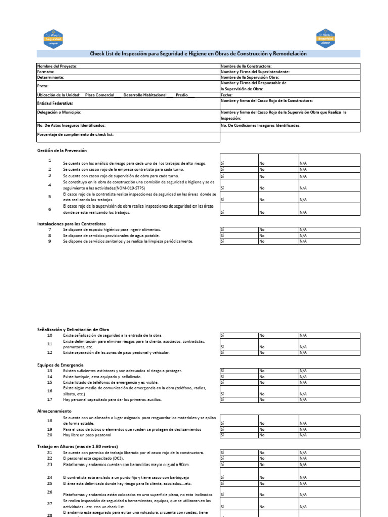 5.-Check List de Inspeccion para Seguridad e Higiene en Obras de Construccion o Remodelacion | PDF