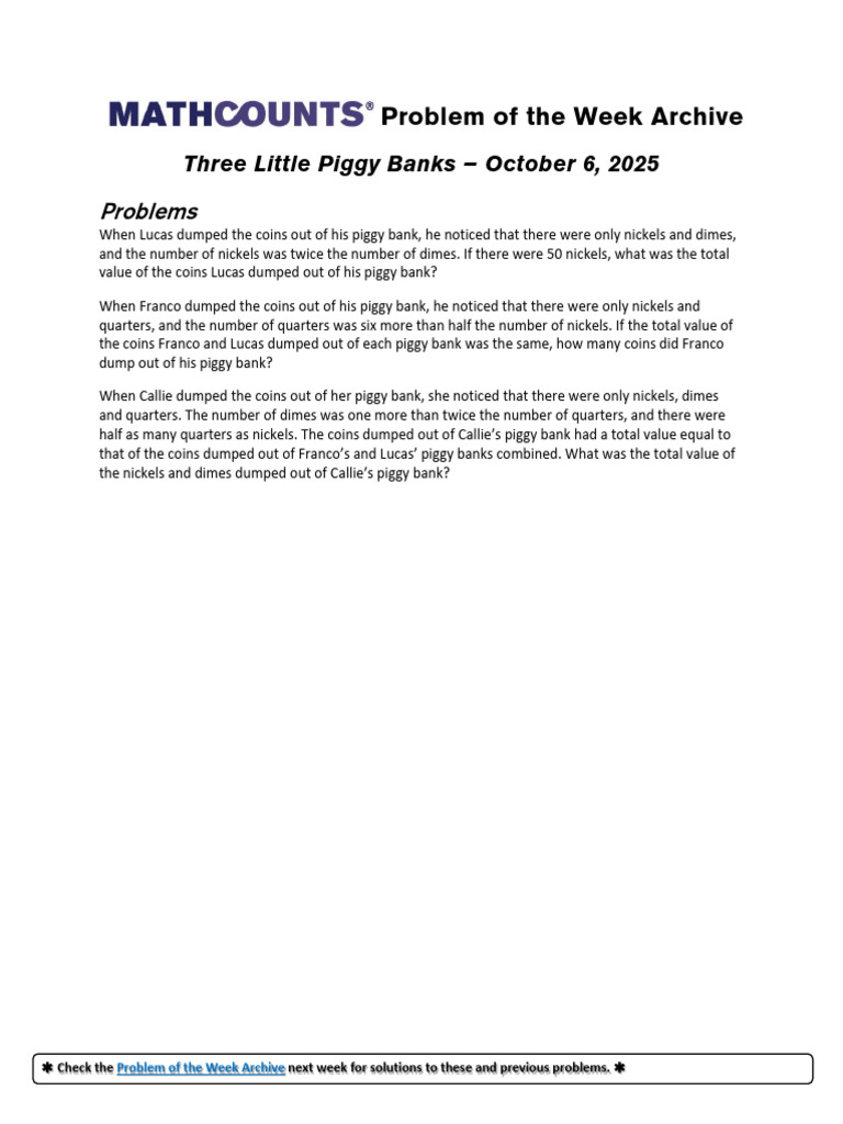 Piggy Bank Coin Value Problems | PDF