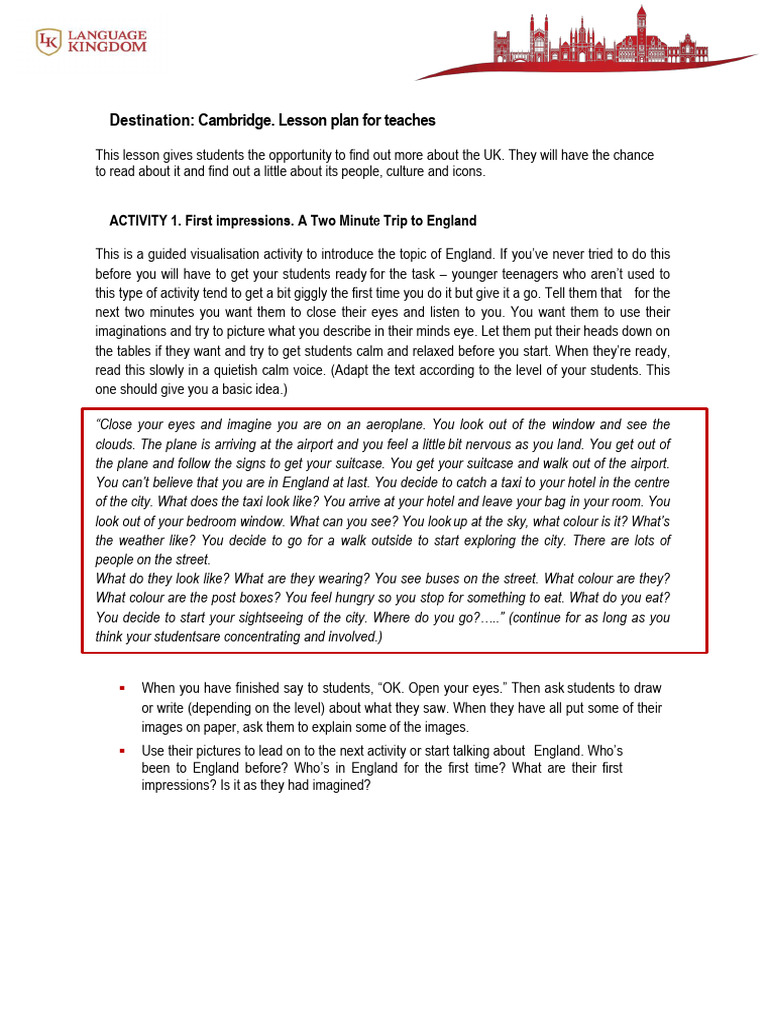 Destination Cambridge Lesson Plan | PDF
