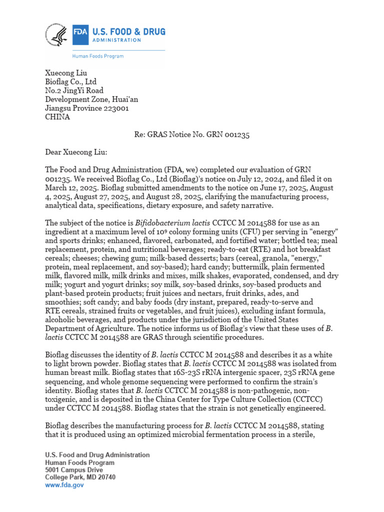Gras Notice GRN 1235 Bifidobacterium Lactis Agency Response Letter ...