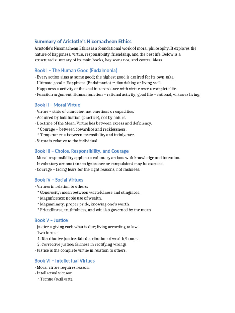 Aristotle Nicomachean Ethics Summary | PDF | Virtue | Ancient Greek Philosophy