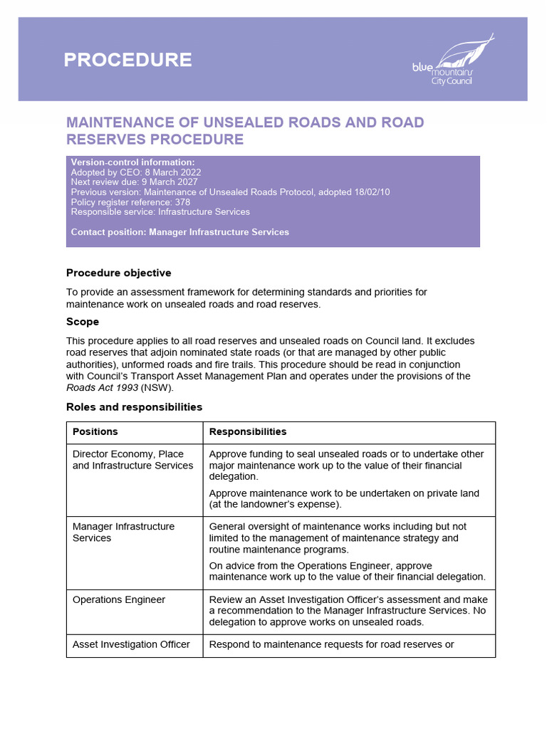 Unsealed Roads Maintenance Procedure | PDF | Road