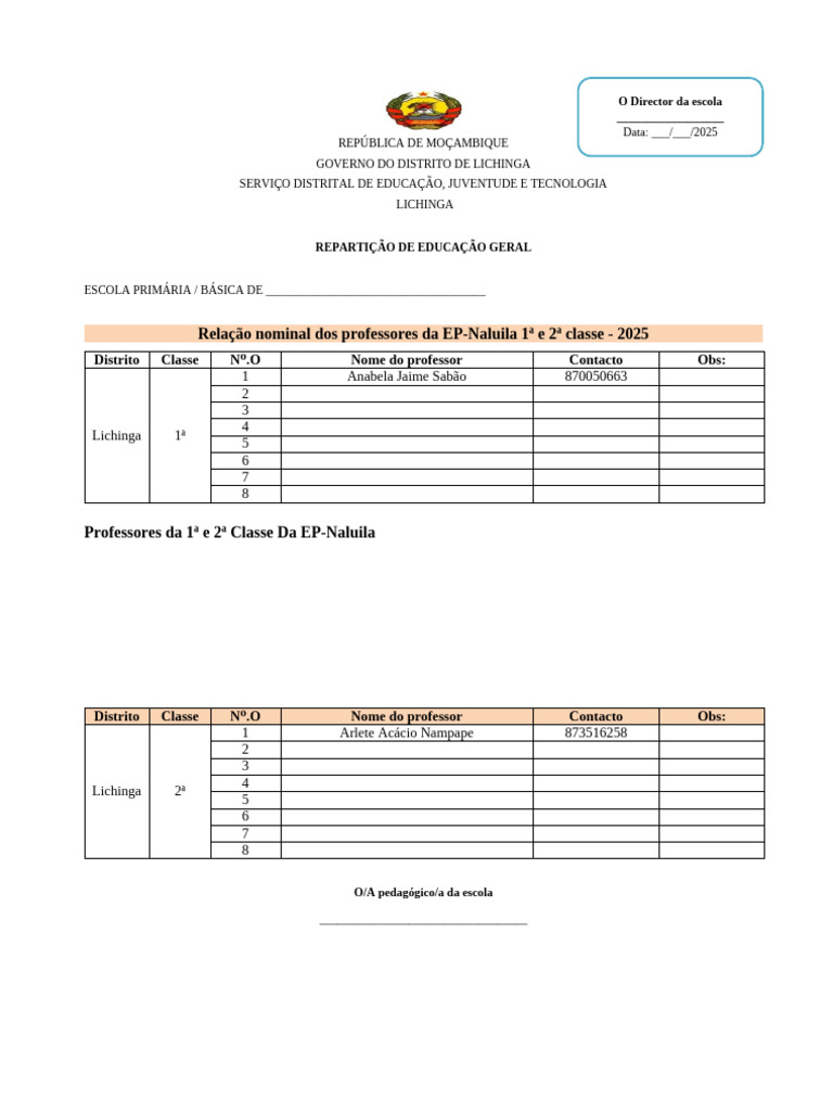 Relação Nominal Dos Professores Da 1 e 2 Classe - 2025 | PDF