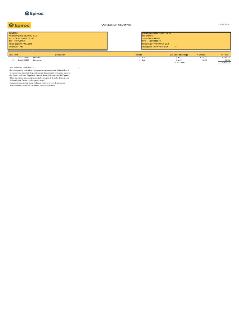 366430-1 Cotización Epiroc Boltec M | PDF | Factura