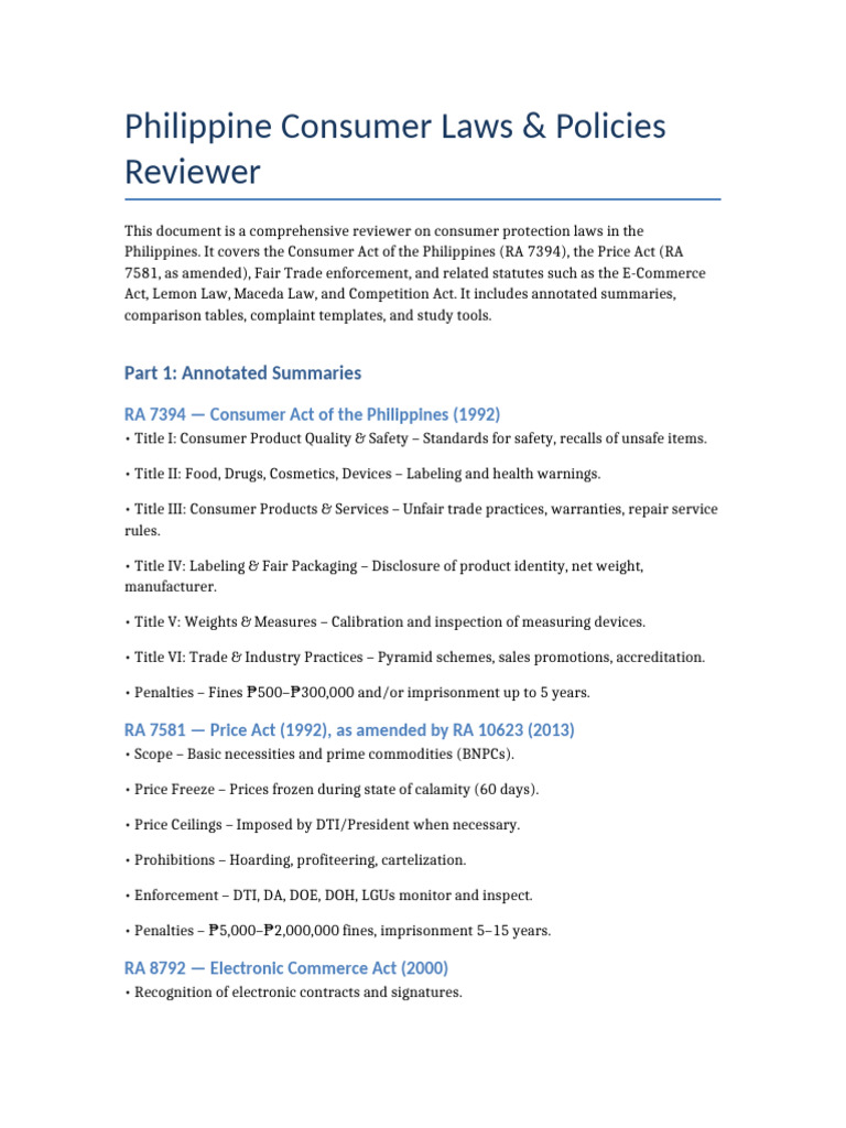 Philippine Consumer Protection Laws Guide | PDF | Consumer Protection ...
