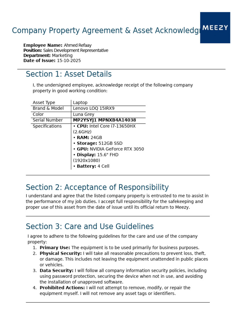 Company Property Agreement & Asset Acknowledgment | PDF | Employment