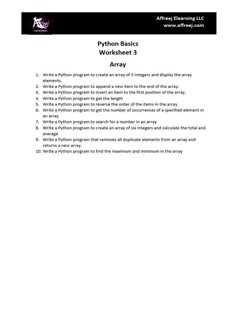 Python Basics - Worskheet 3 - Array | PDF