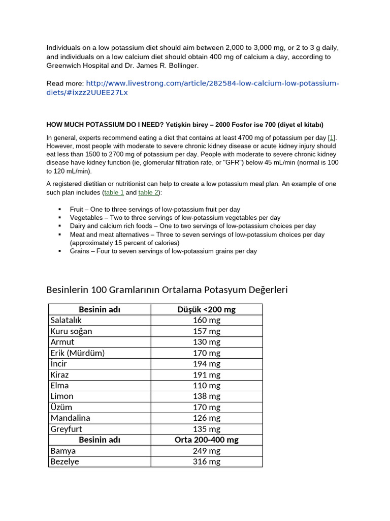 Sebze - Meyve Potasyum Degerleri | PDF | Kidney | Nutrition