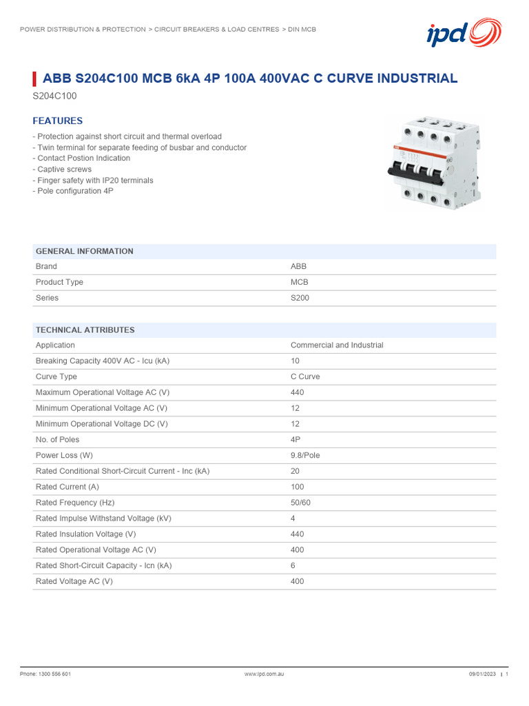 Abb S204C100 MCB 6ka 4P 100A 400vac C Curve Industrial: Features | PDF ...