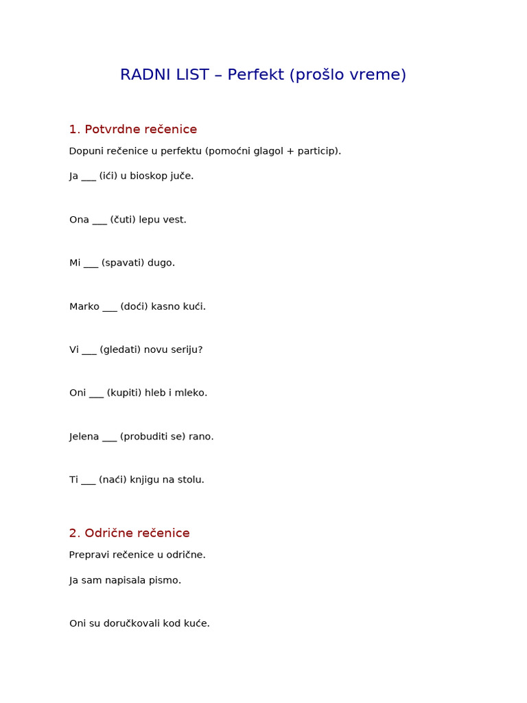 Vezbe Perfekt Radni List | PDF