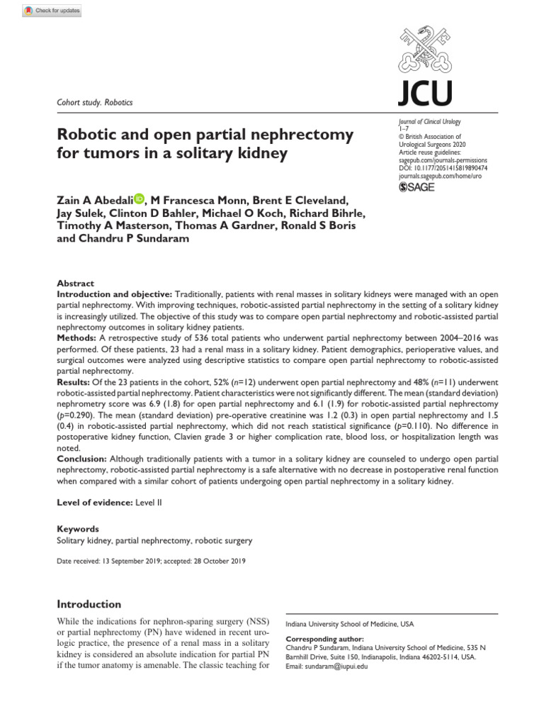 Robotic and Open Partial Nephrectomy For Tumors in A Solitary Kidney ...
