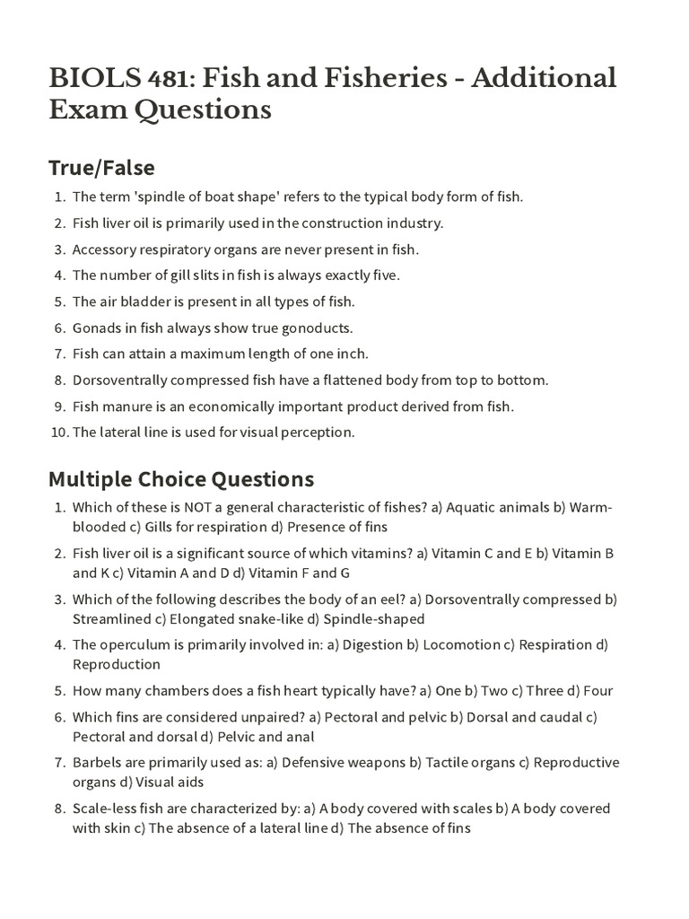 Fish and Fisheries Exam Questions Guide | PDF | Fish | Vertebrates
