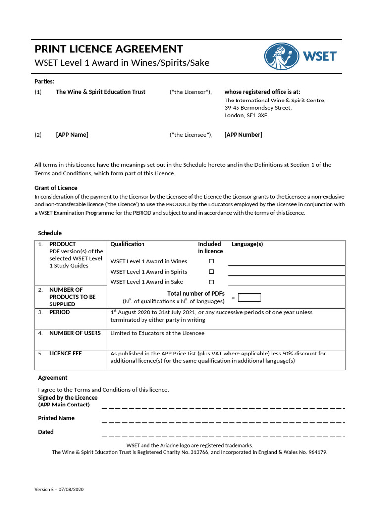 WSET Level 1 Licence Agreement Details | PDF | License | Common Law
