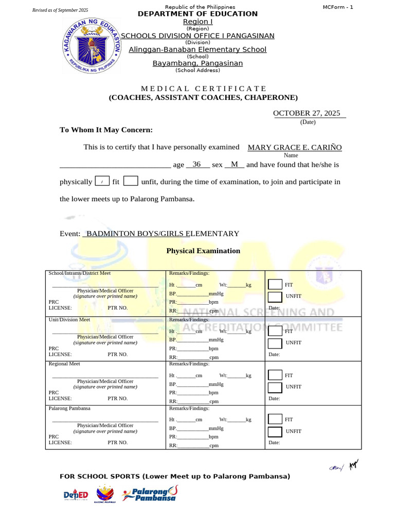Medical Form 1 for Coaches, Asst Coaches , Chaperones_v2025 (1) | PDF ...
