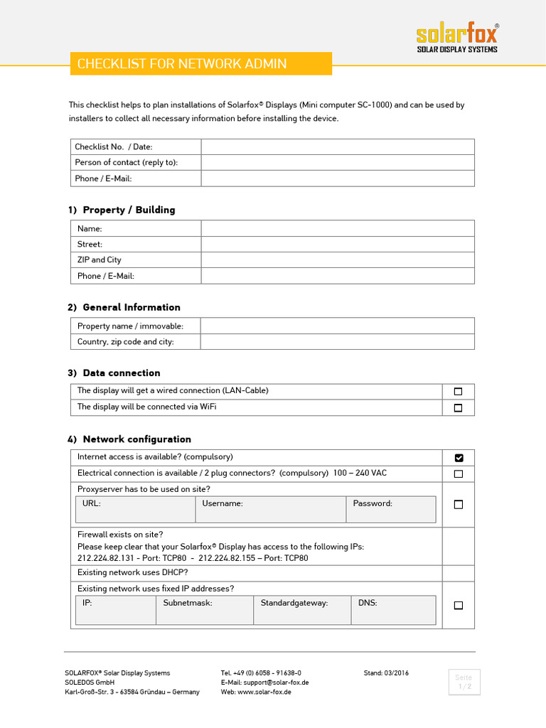 Solarfox® Display Installation Checklist | PDF | Computer Network | Ip ...