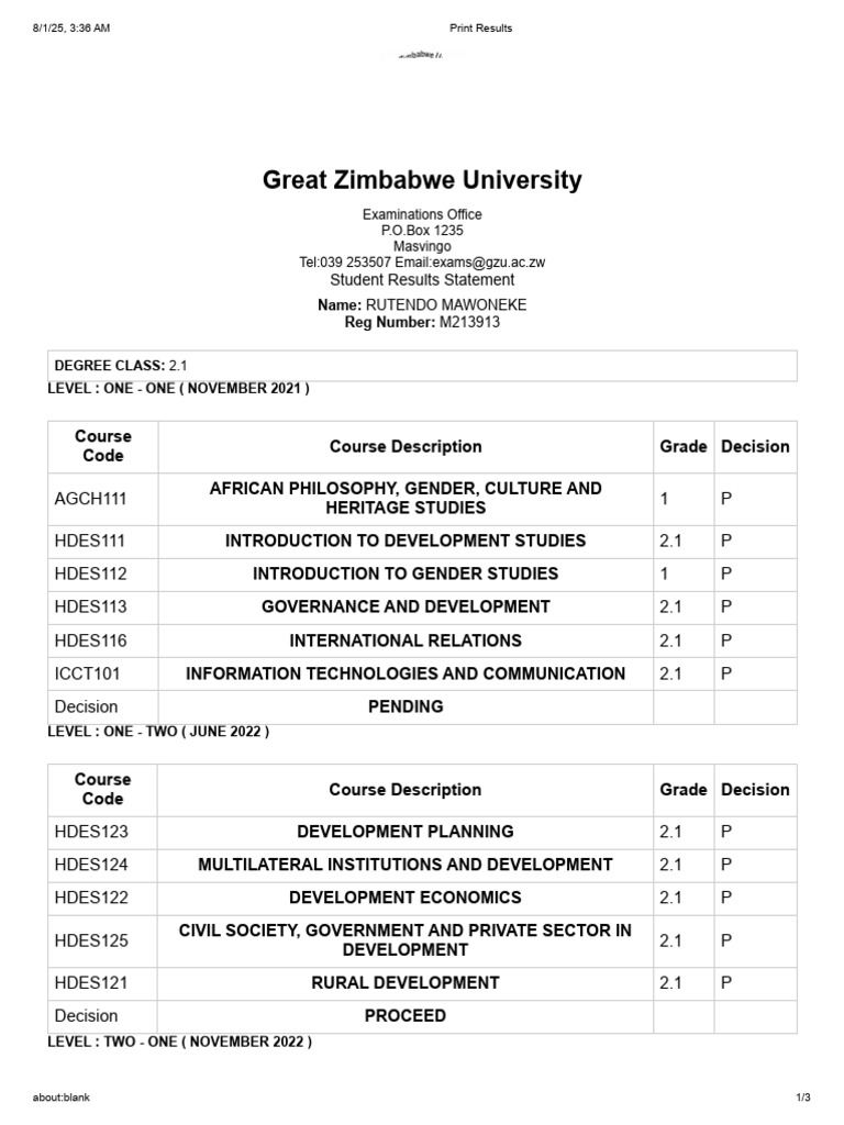 Rutendo Mawoneke Student Results Summary | PDF