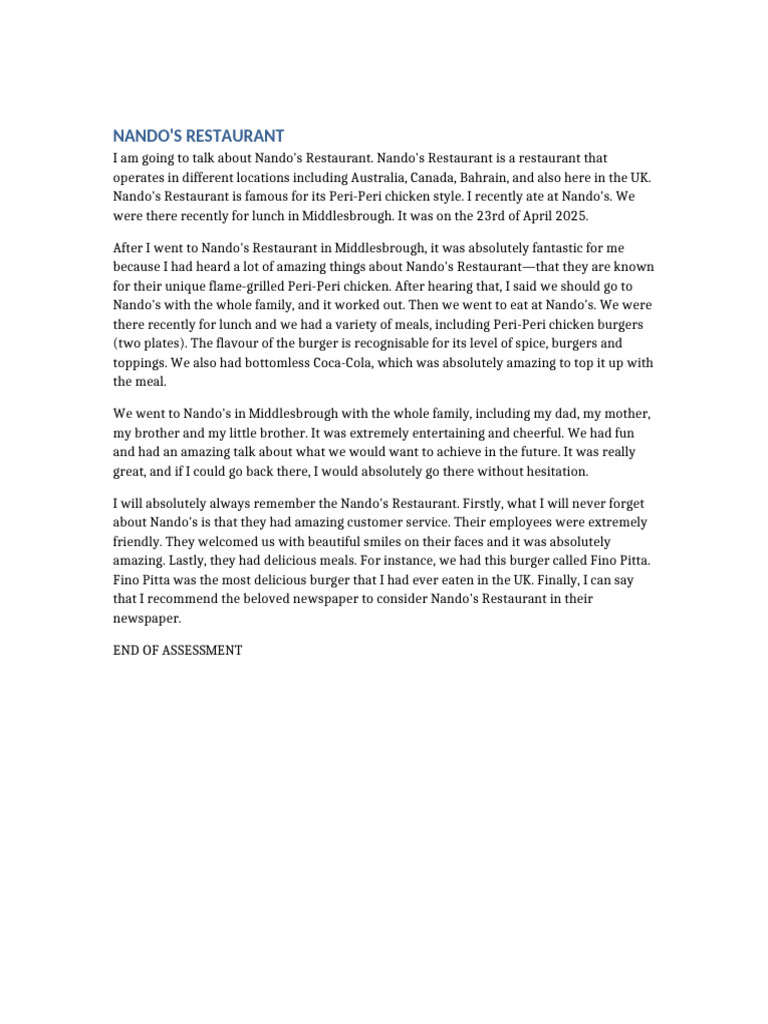 Nandos Restaurant Assignment | PDF