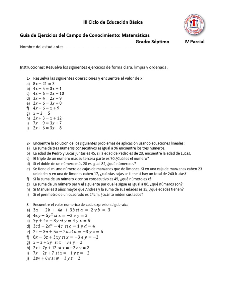 Ejercicios de Matemáticas Séptimo Grado | PDF