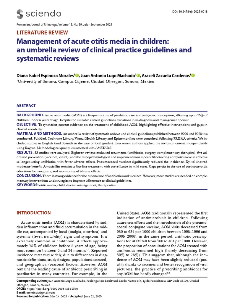 Management of Acute Otitis Media in Children An Umbrella Review of ...