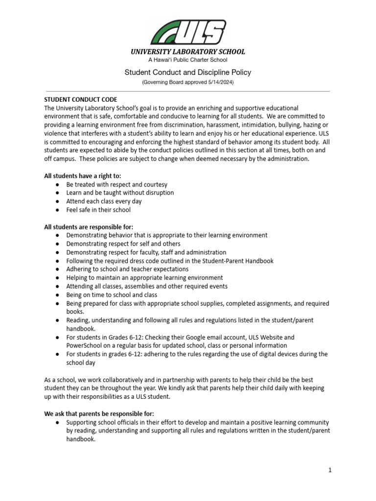 Uls Student Conduct Code 2024 2025 GB Approved 5.14.2024 | PDF ...
