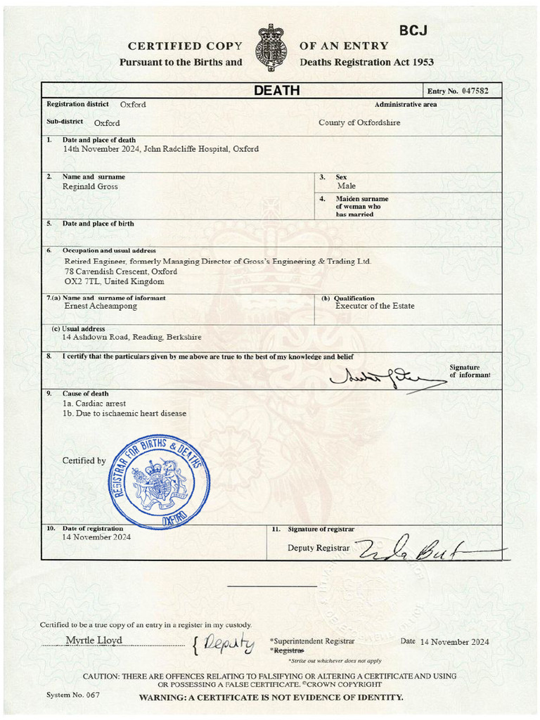 Uk Birth and Death Certificate | PDF