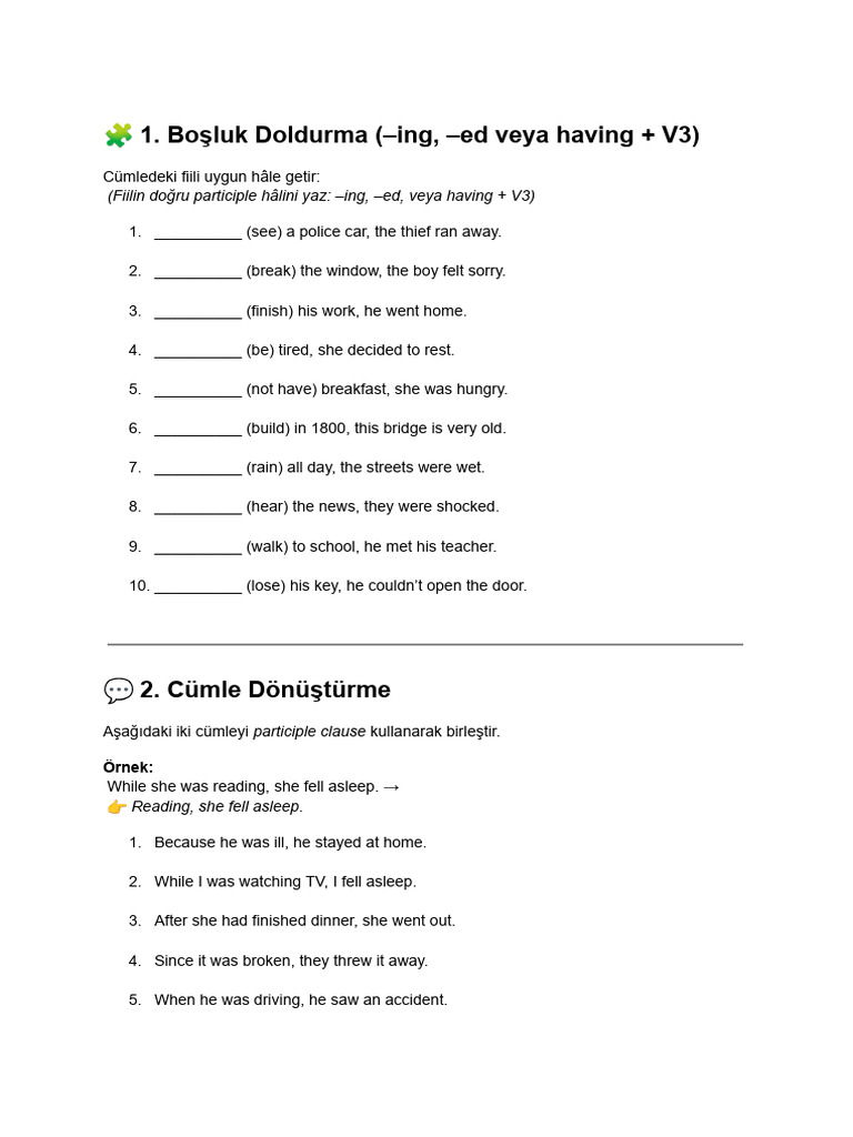 Participle Clause Exercise | PDF