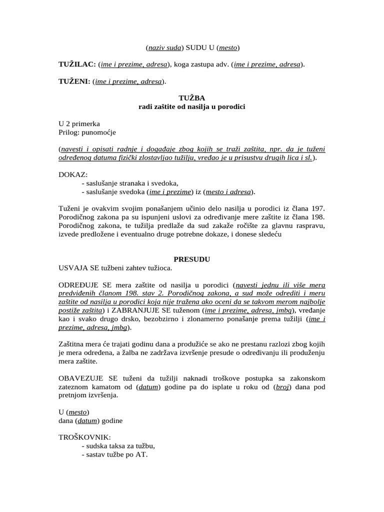 Tužba Radi Zaštite Od Nasilja U Porodici | PDF