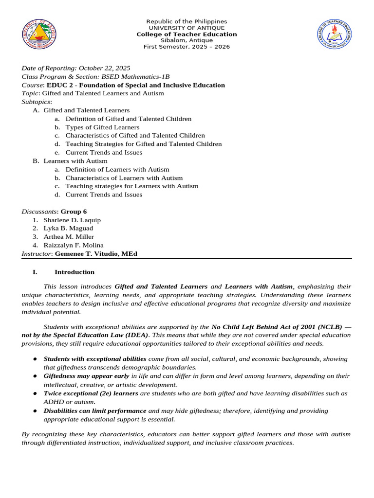 Gifted and Talented Learners and Autism Handout | PDF | Intellectual ...