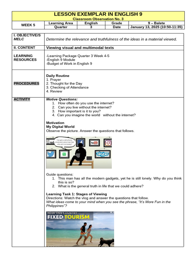 Co3 English 9 Learning Plan Sy 2023 2024 | PDF | Cognition | Learning
