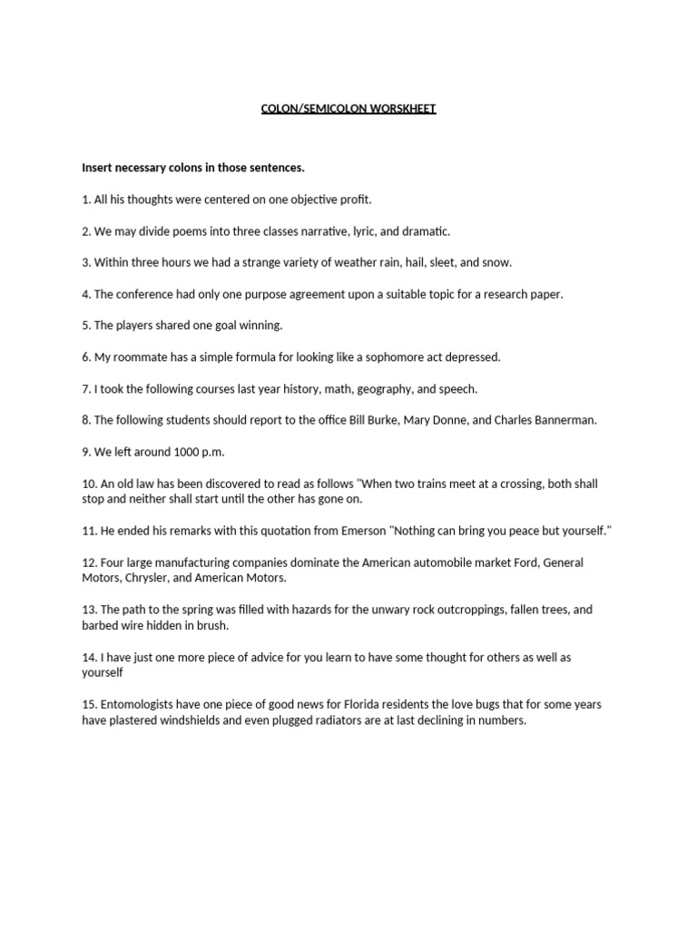 Colon and Semicolon Practice Worksheet | PDF