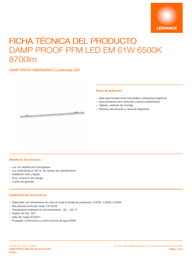 DAMP PROOF PFM LED EM 61W 6500K 8700lm Es | PDF | Diodo emisor de luz ...