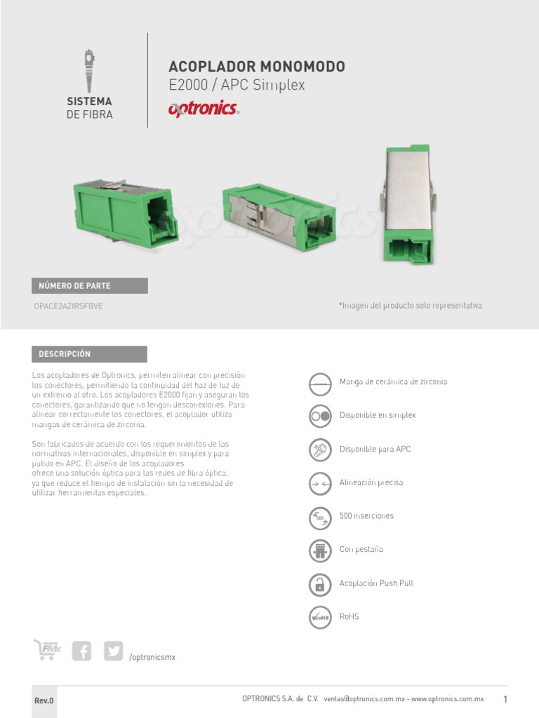 Acoplador Monomodo E2000/APC Simplex | PDF | Conector eléctrico | Óptica