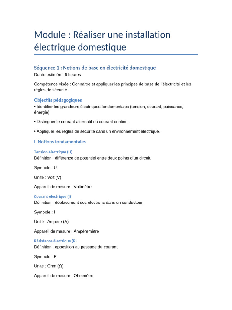 Installation Électrique Domestique : Bases et Sécurité | PDF | Courant ...