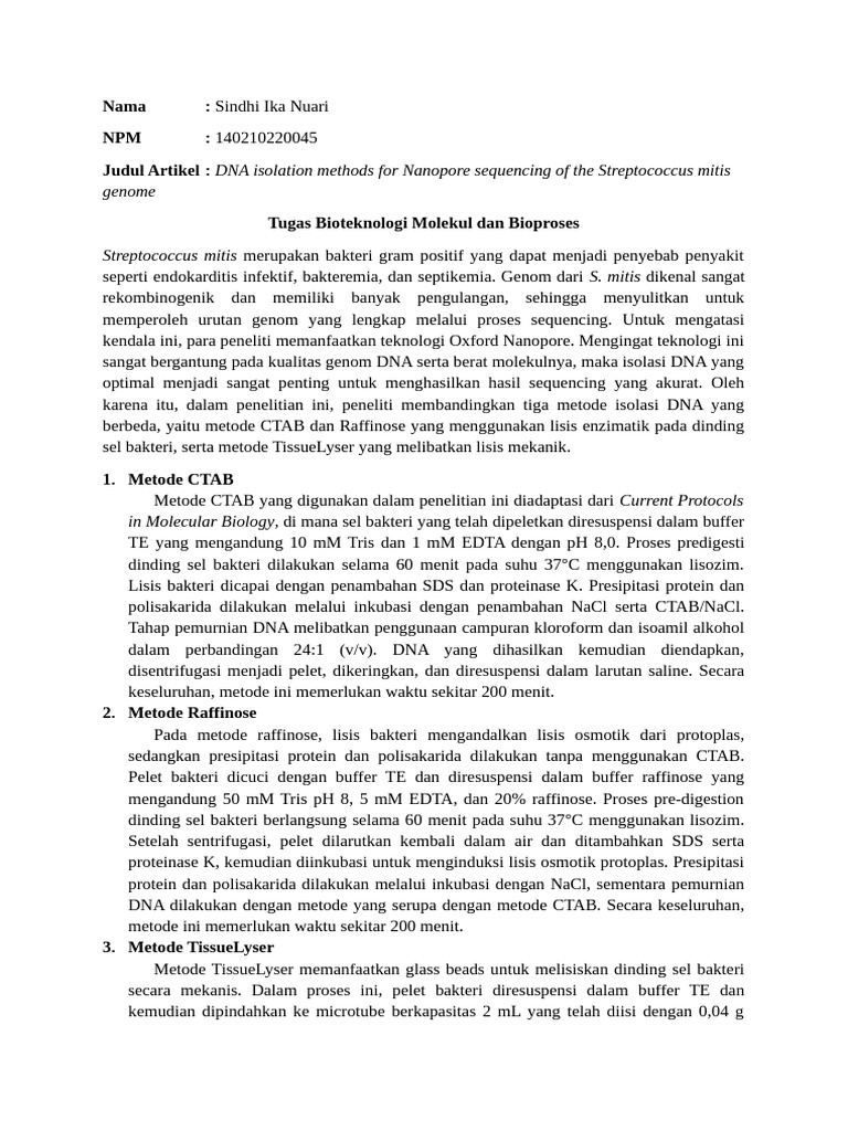 Metode Isolasi DNA untuk S. mitis | PDF