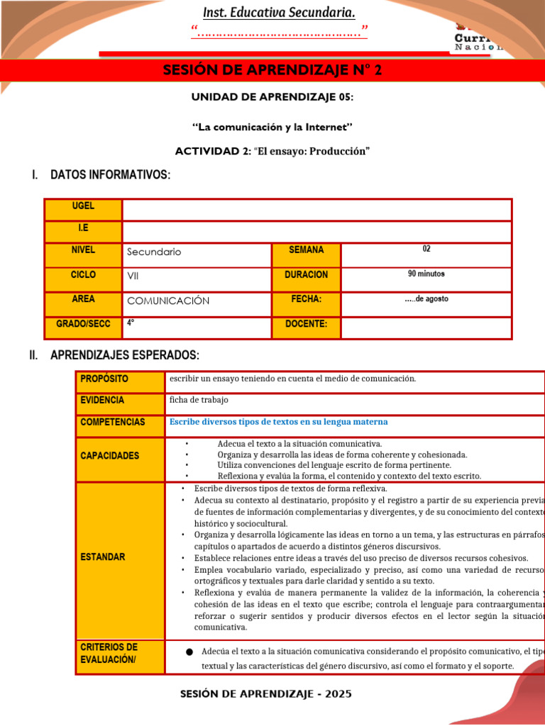 SESIÓN 2 (U5) (4° Grado) - COMUNICACIÓN | PDF | Aprendizaje | Maestros