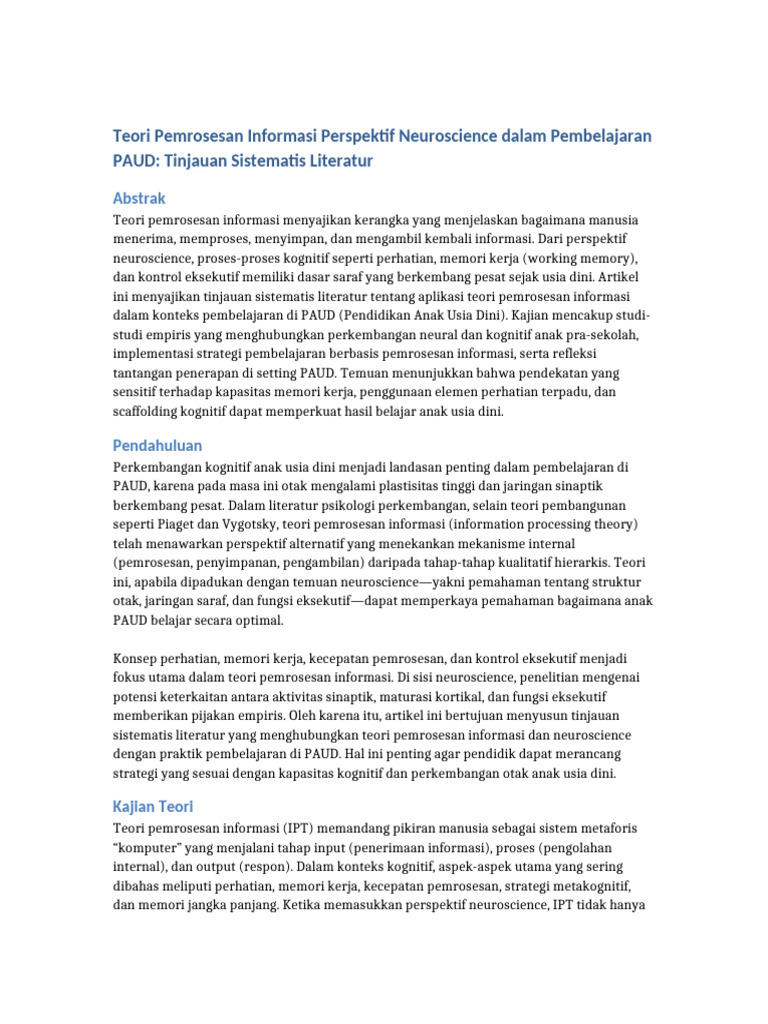 Teori Pemrosesan Informasi Perspektif Neuroscience PAUD | PDF