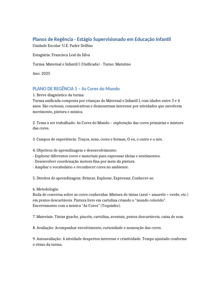 Planos de Regência para Educação Infantil | PDF | Aprendizado | Cor
