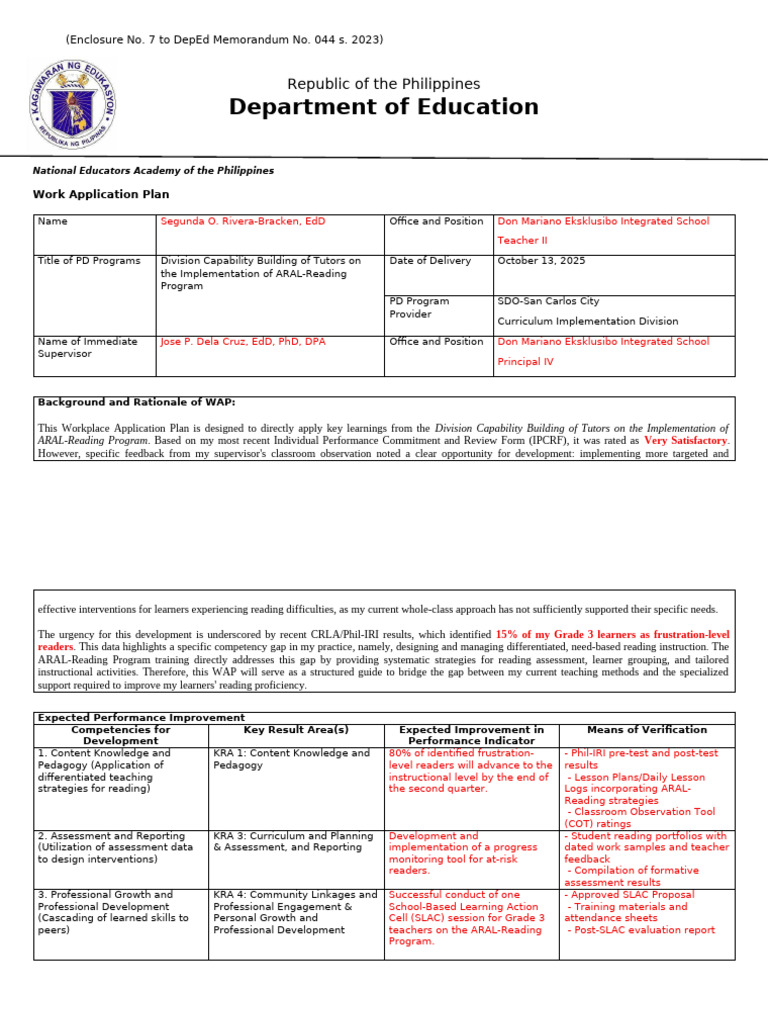 ARAL-Reading Program Implementation Plan | PDF | Educational Assessment ...