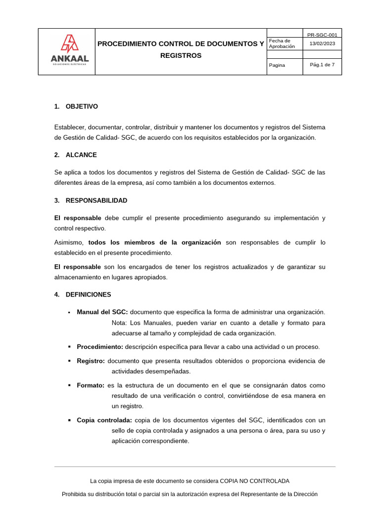 PR-SGC-001 - Procedimiento de Control de Documentos y Registro | PDF | Sistema de manejo de calidad