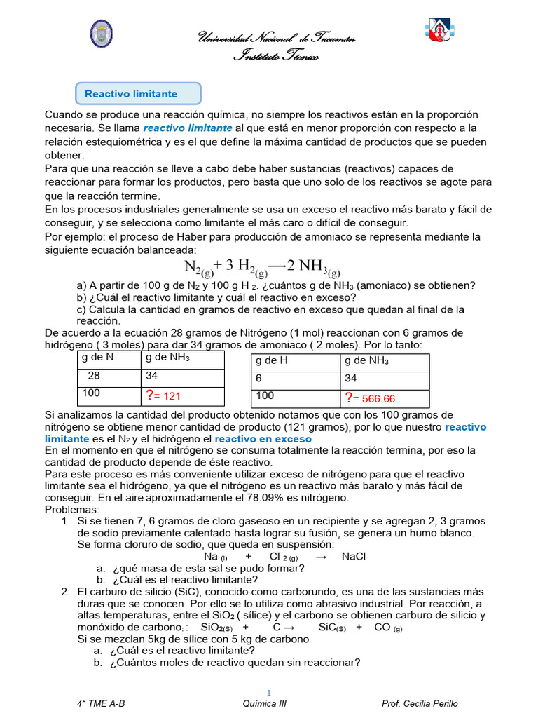 Reactivo Limitante (Química 3 4º Año Secu) | PDF | Amoníaco | Reacciones químicas