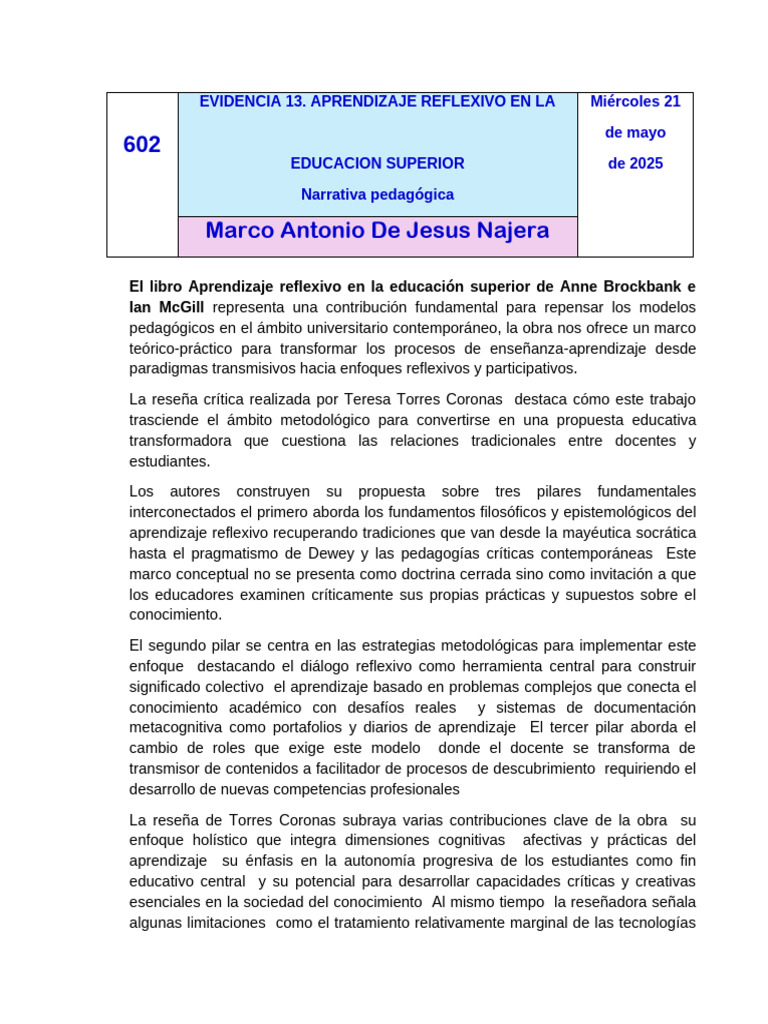 Aprendizaje Reflexivo en Educación Superior | PDF | Aprendizaje ...