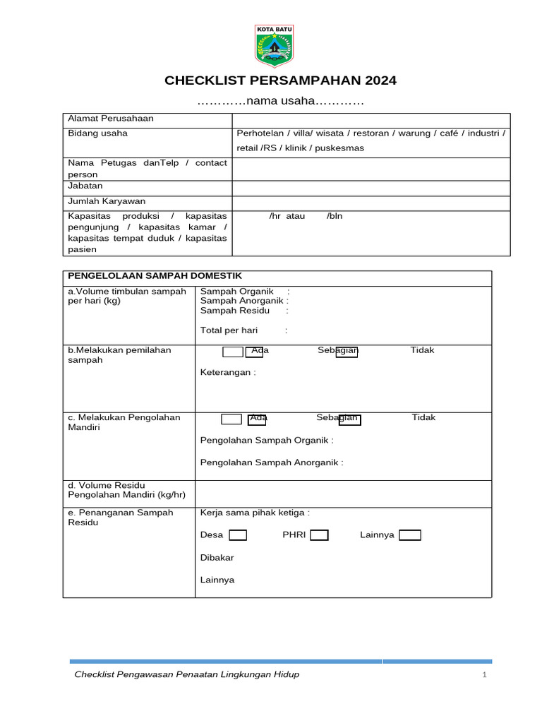 Checklist Persampahan 2024 untuk Usaha | PDF