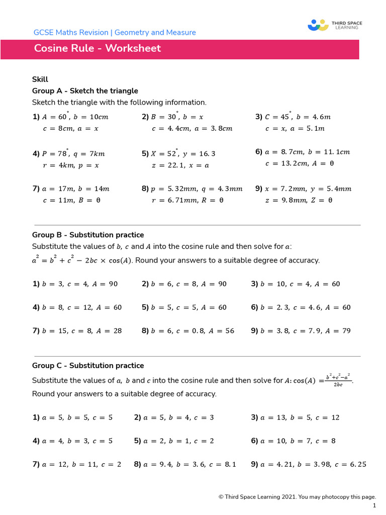 Third Space Learning Cosine Rule GCSE Worksheet 1 | PDF | Circle | Angle