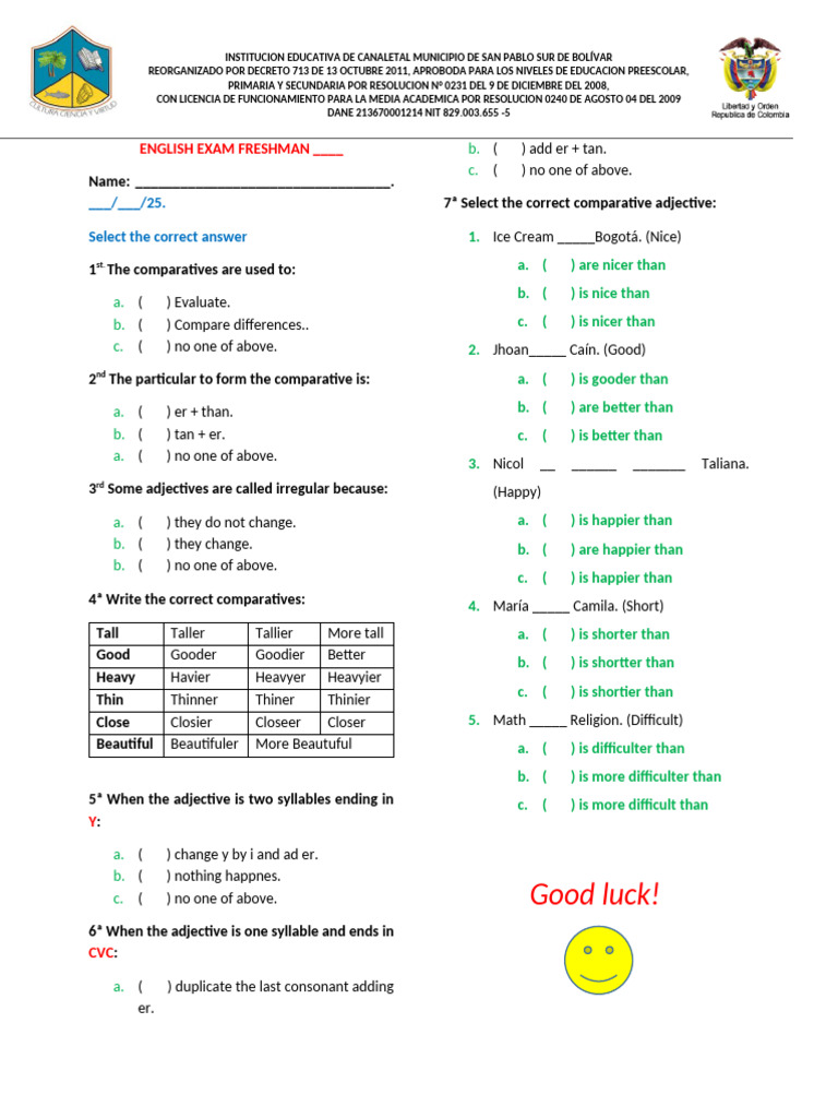 Comparatives Freshman B Exam | PDF | Linguistics