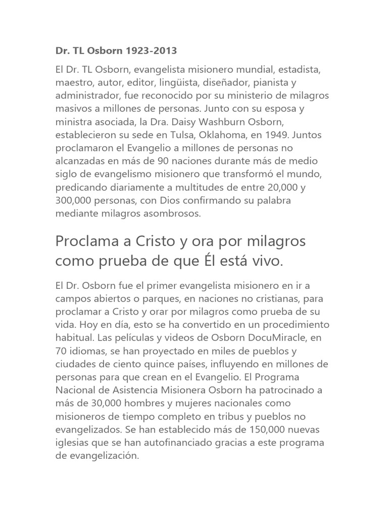 Legado de TL Osborn en Evangelismo Mundial | PDF