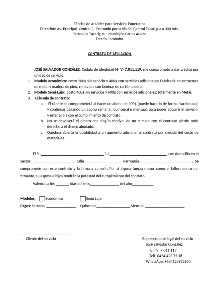 Contrato de Servicios Funerarios en Carabobo | PDF