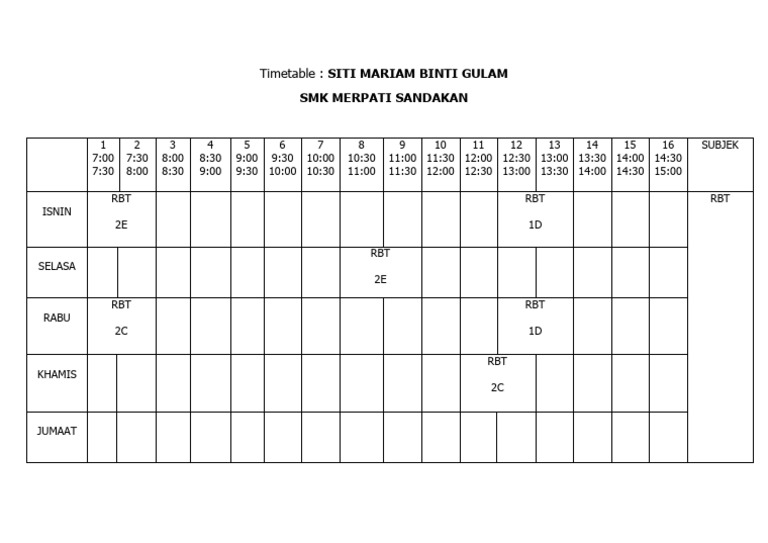 Timetable Siti Mariam (SMK Merpati) | PDF