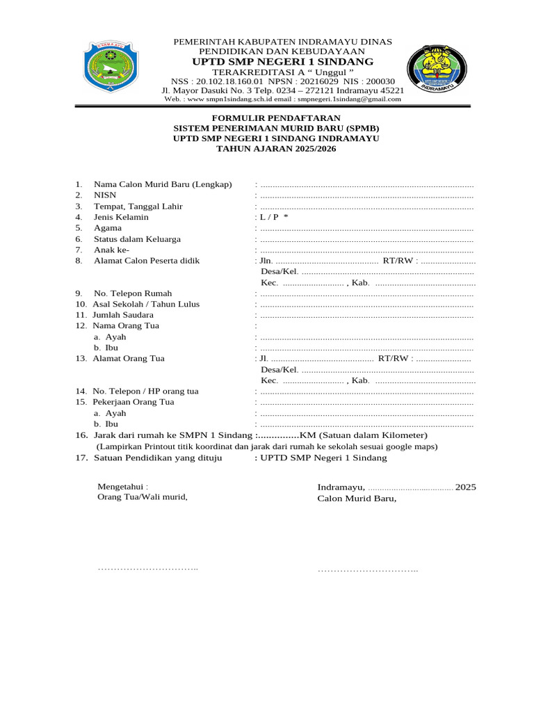 Formulir Pendaftaran SPMB SMPN 1 Sindang | PDF